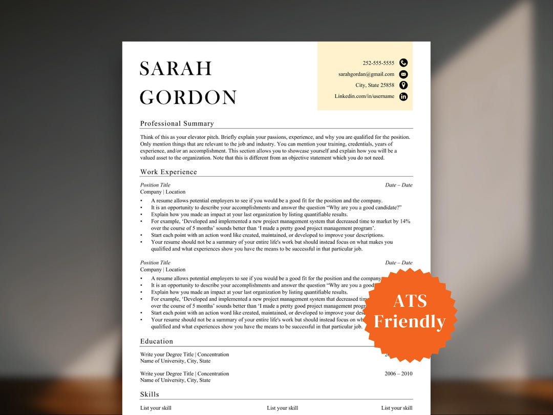 Modern Resume Template: Pop of Color, ATS Approved (instant Download ...