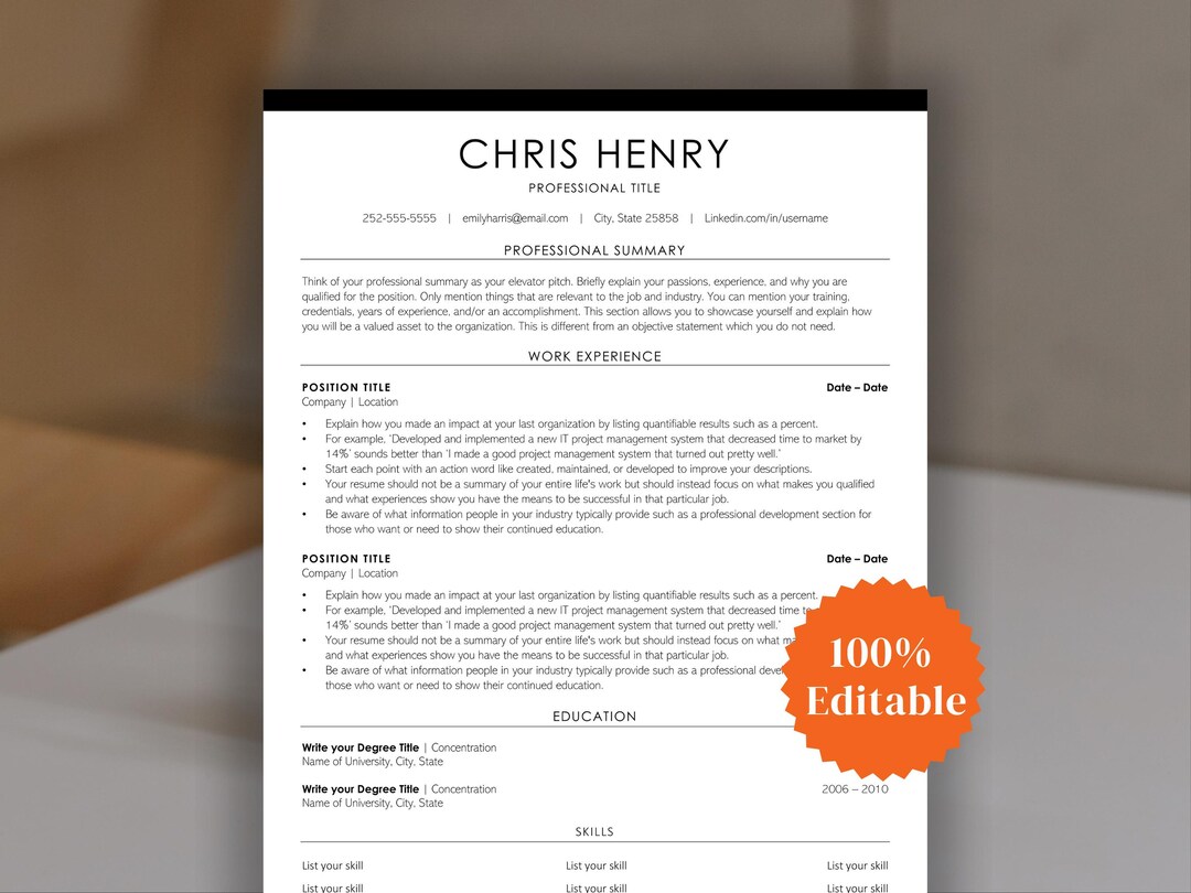 Professional Resume Template for Word: Clean, ATS Approved, Instant ...