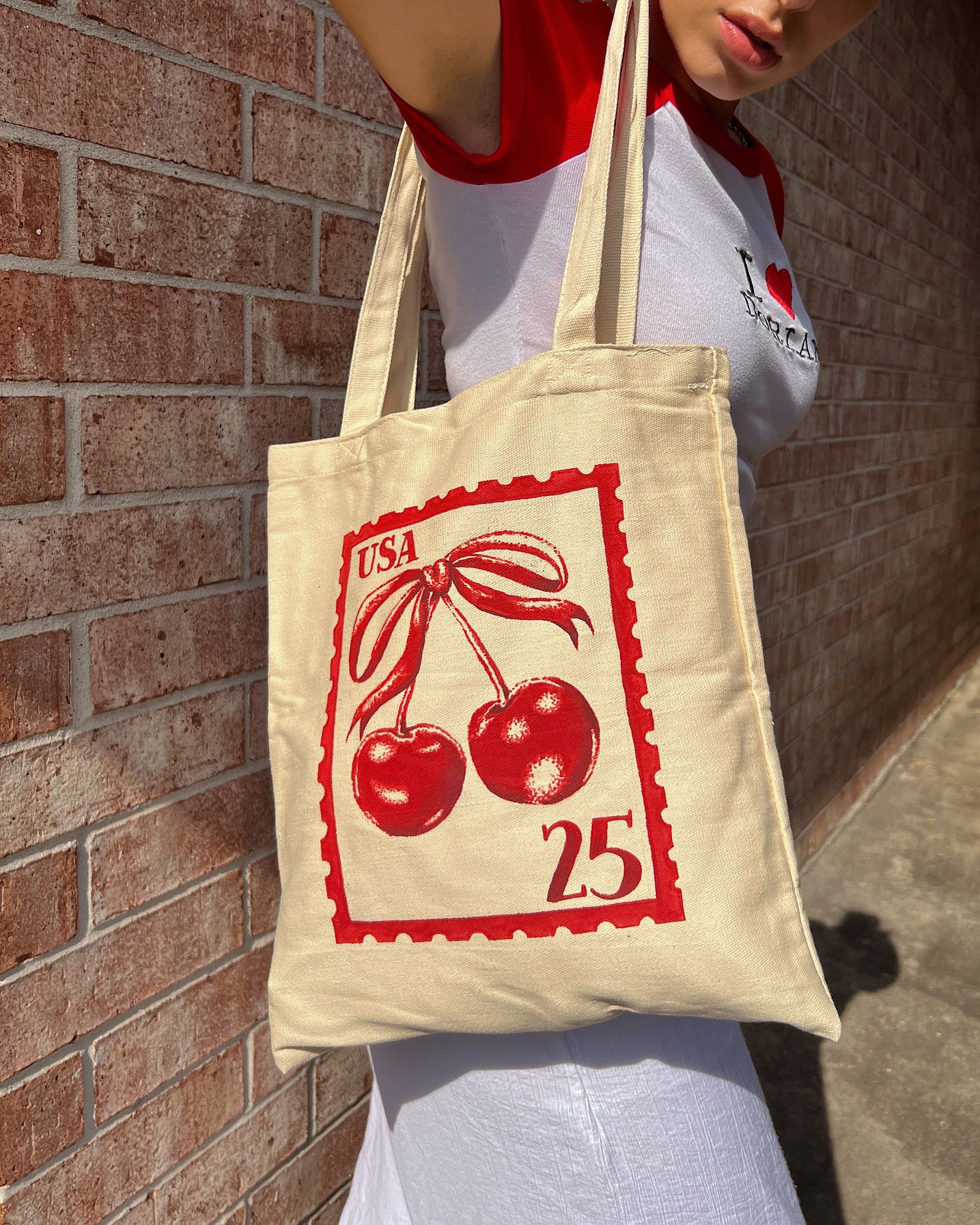Hand-painted Red Cherries With a Bow Stamp Design, Canvas Tote Bag, One ...