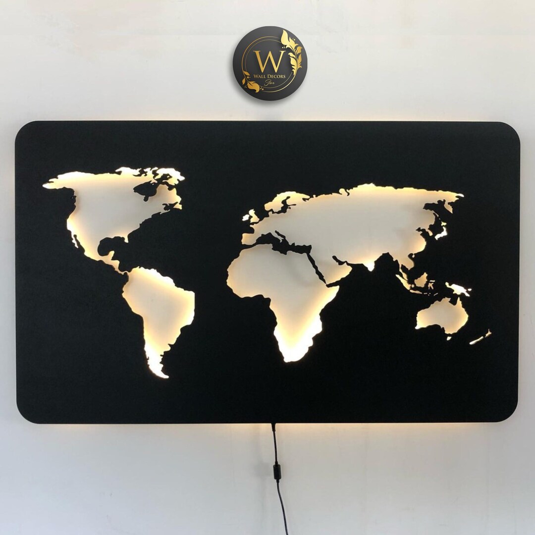 Wall Sign 3D, World Map Wall Decor, Led Light Wall Decor, Composite ...