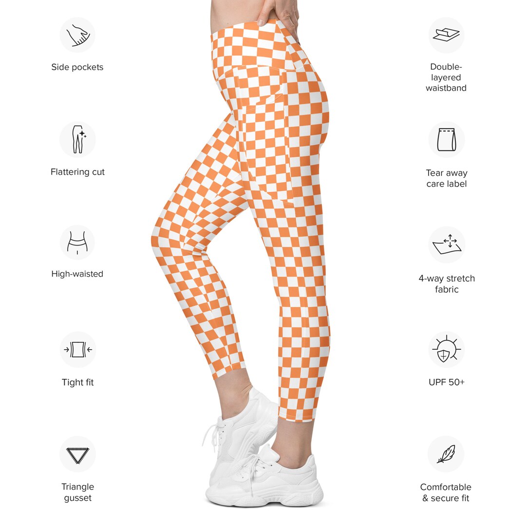 Orange Checkerboard Leggings With Pockets, Orange Checkered Leggings ...