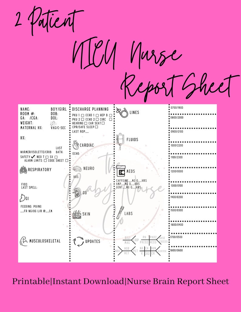 NICU Nurse Report Sheet Neonatal Icu Report Sheet Baby Nurse Brain ...