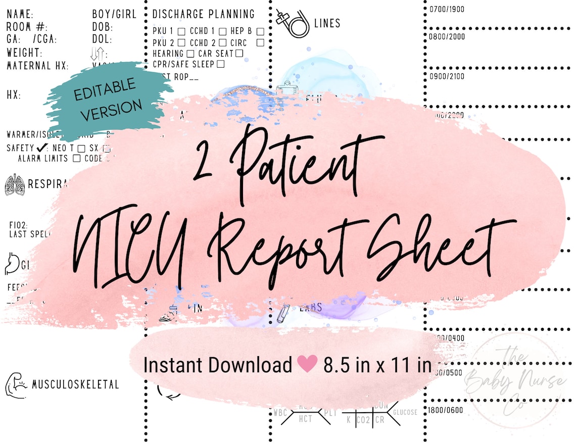 EDITABLE NICU Nurse Report Sheet Neonatal Icu Report Sheet Baby Nurse ...