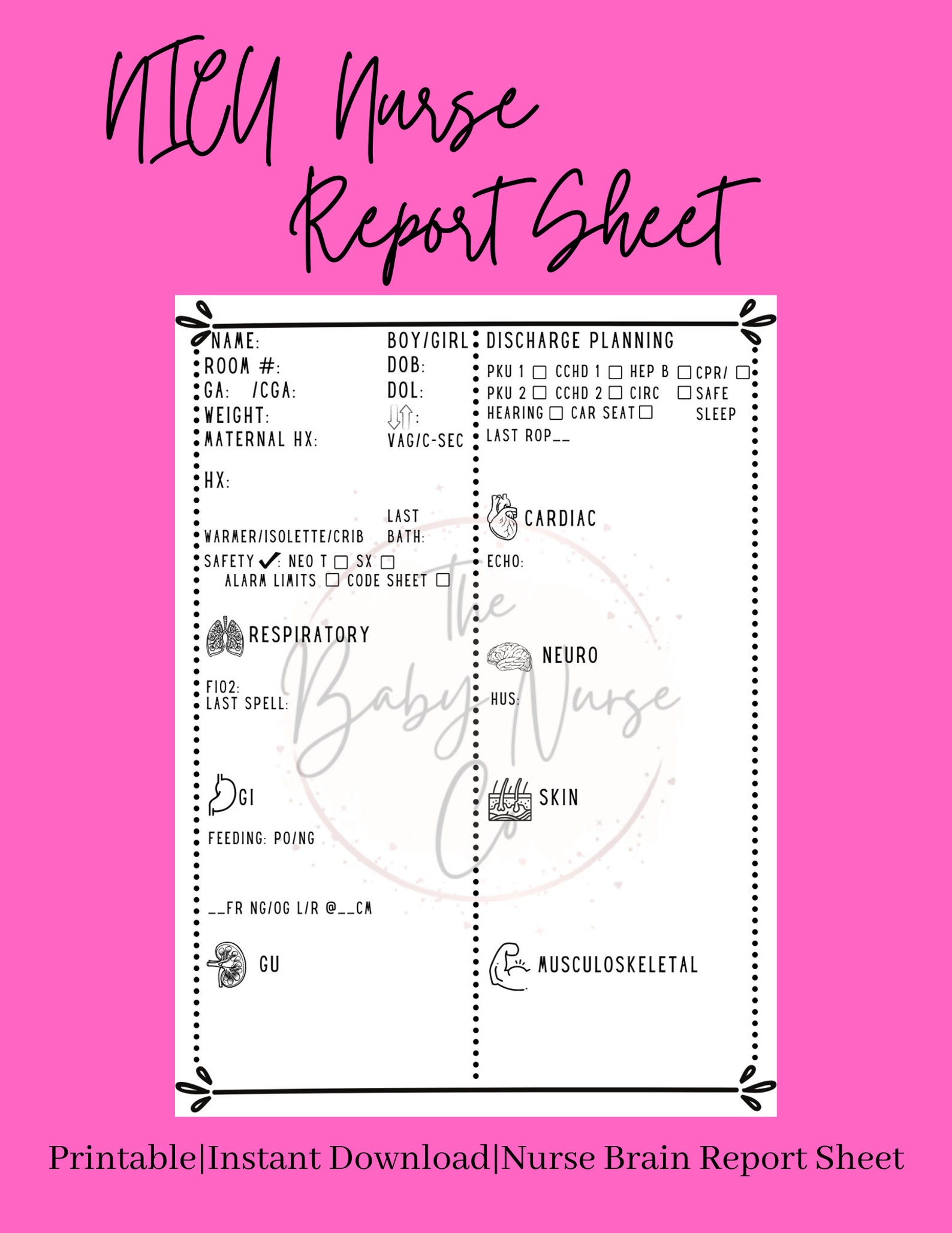 NICU Nurse Report Sheet Neonatal Icu Report Sheet Baby Nurse Brain ...