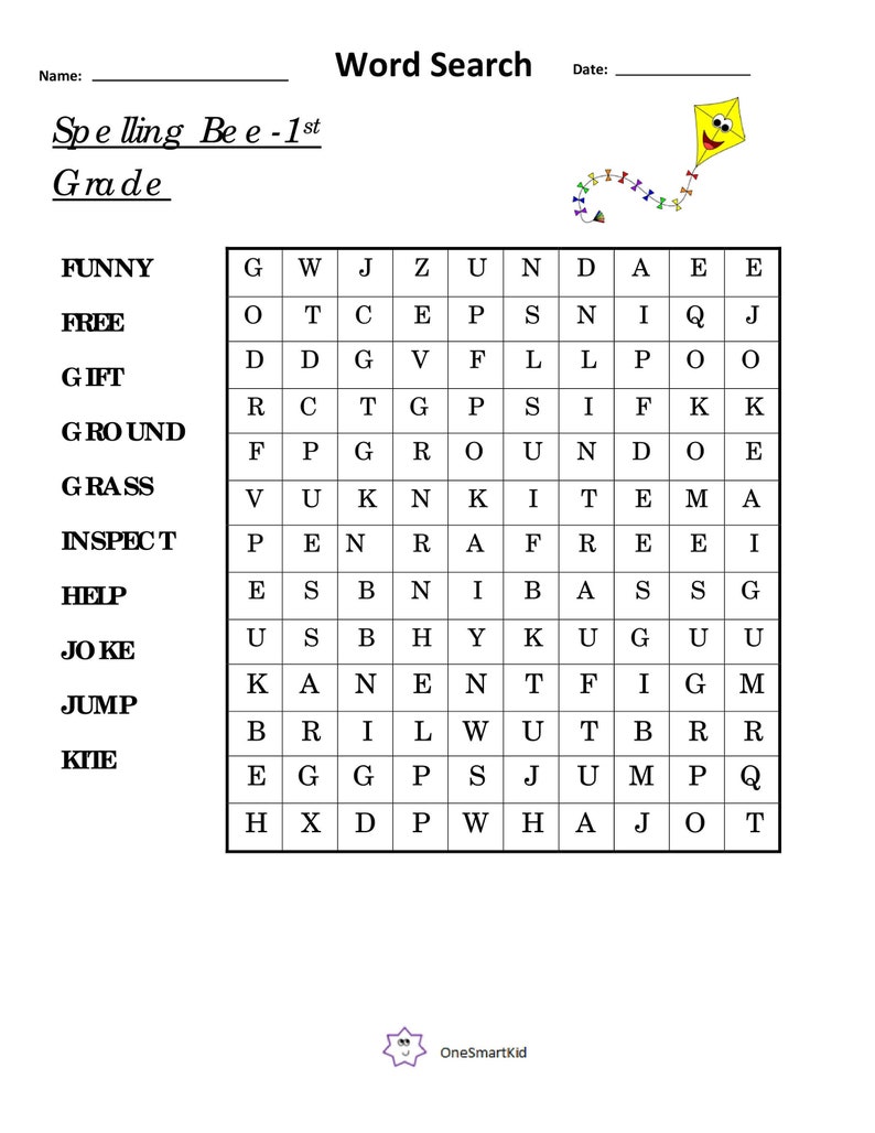 Spelling Bee- Kids Word Search 1st Grade- Flying Kite- Downloadable ...