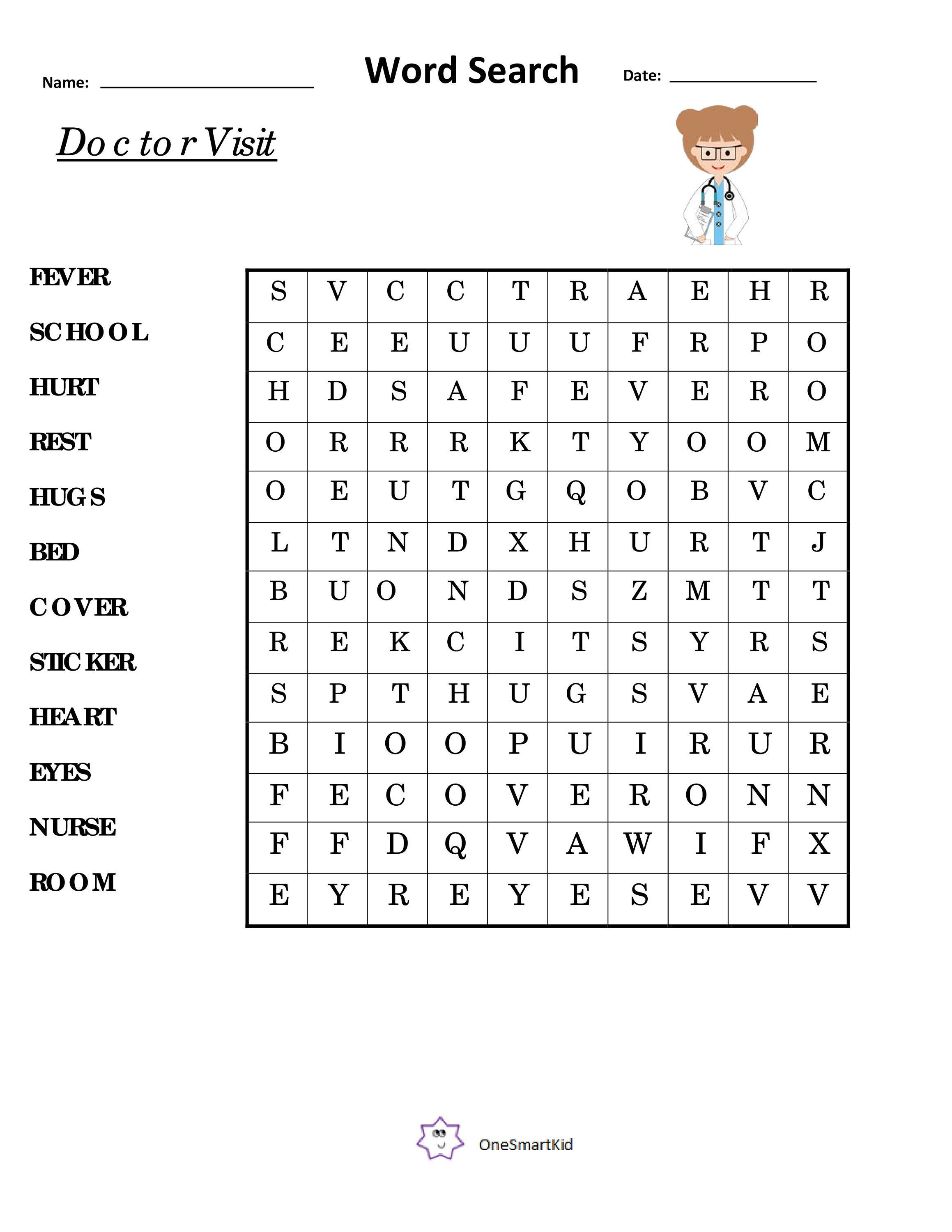 Doctor Visit Kids Word Search Downloadable Worksheet - Etsy