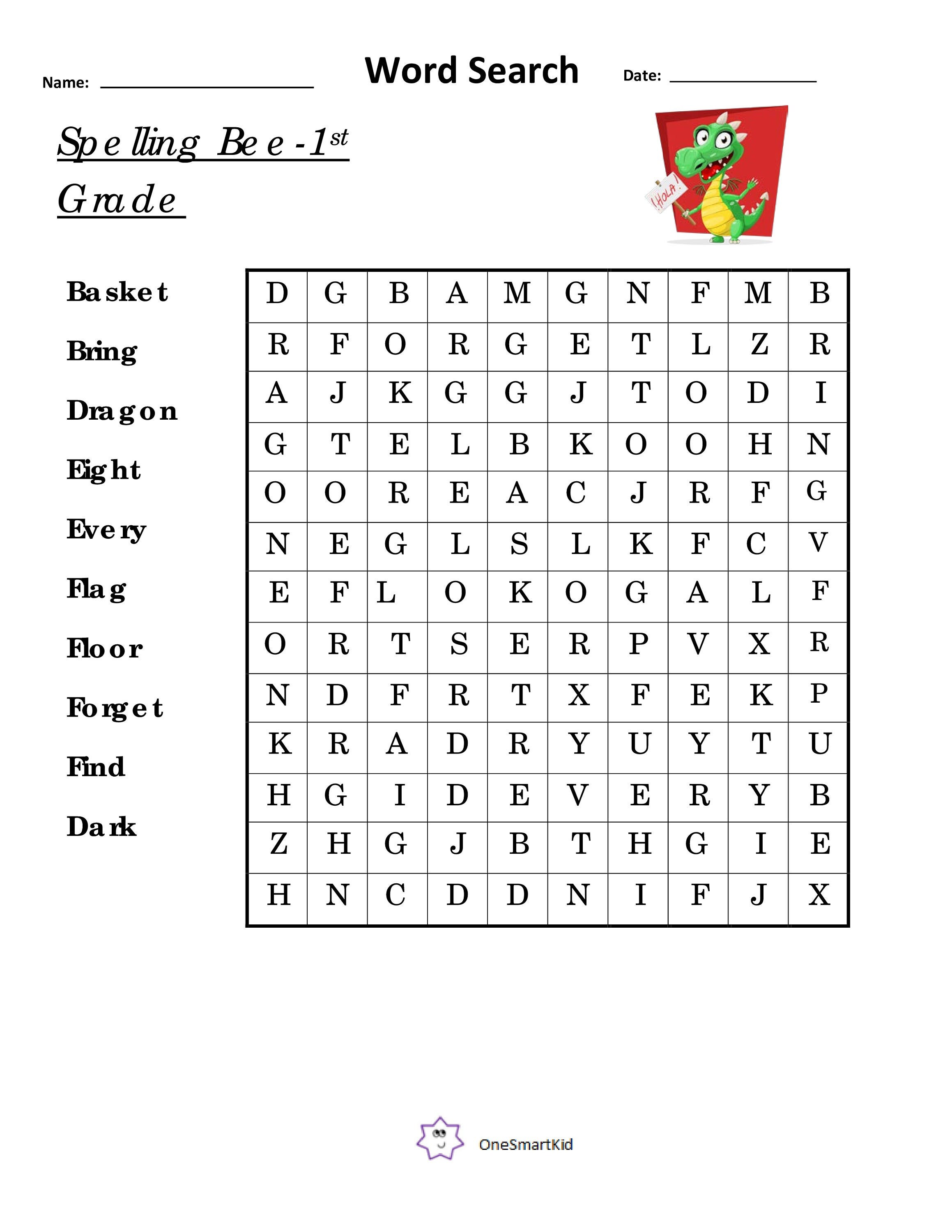 Spelling Bee 1st Grade- Dragon- Word Search- Downable Printable ...