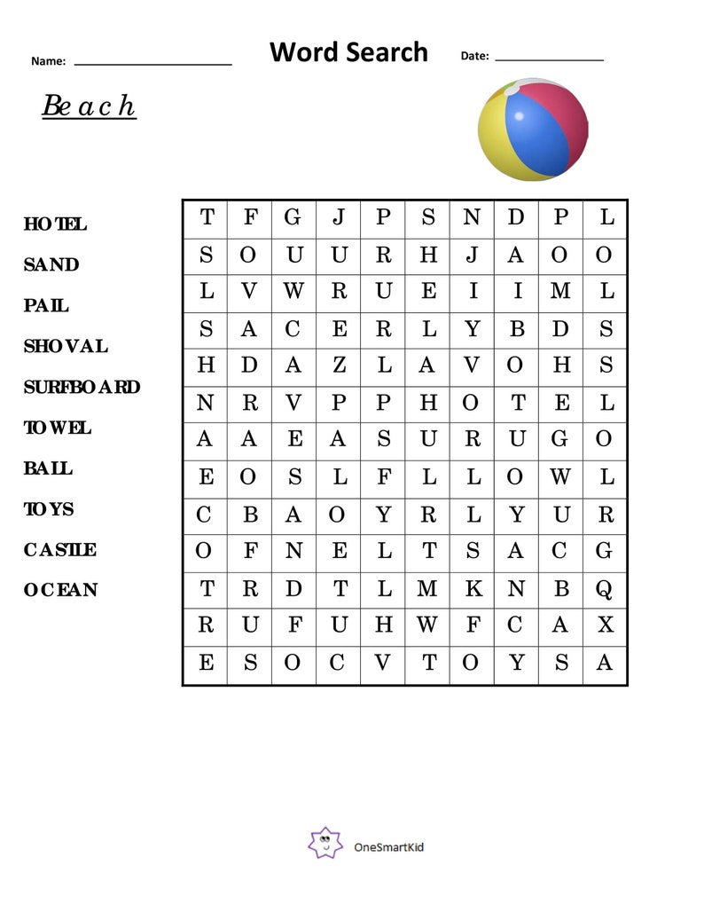 Kids Downloaded Word Search Puzzle -beach - Etsy