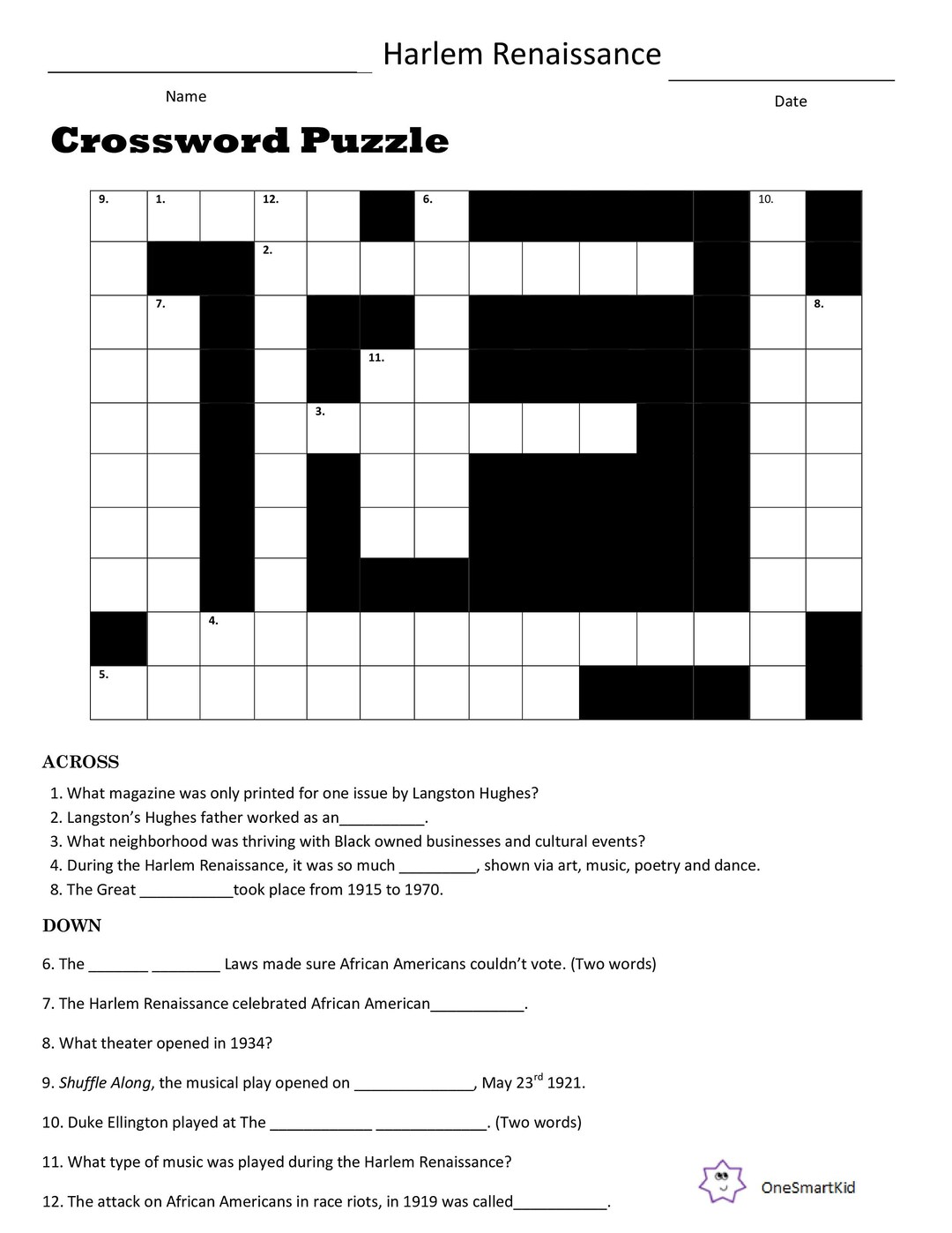 A Kids Crossword Puzzle on the Harlem Renaissance - Etsy