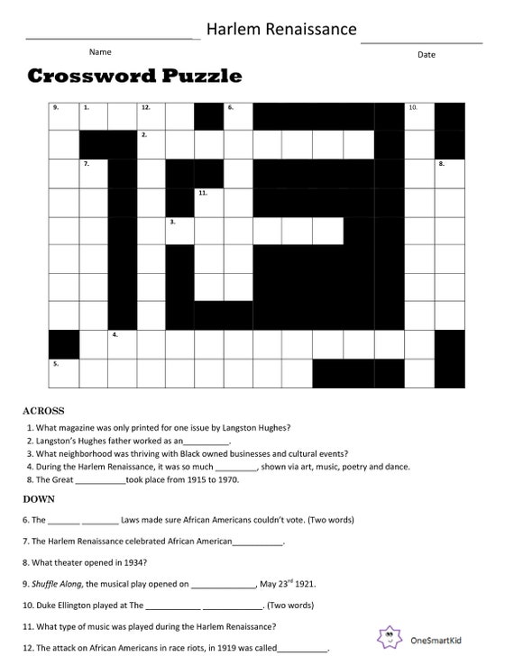 A Kids Crossword Puzzle on the Harlem Renaissance - Etsy