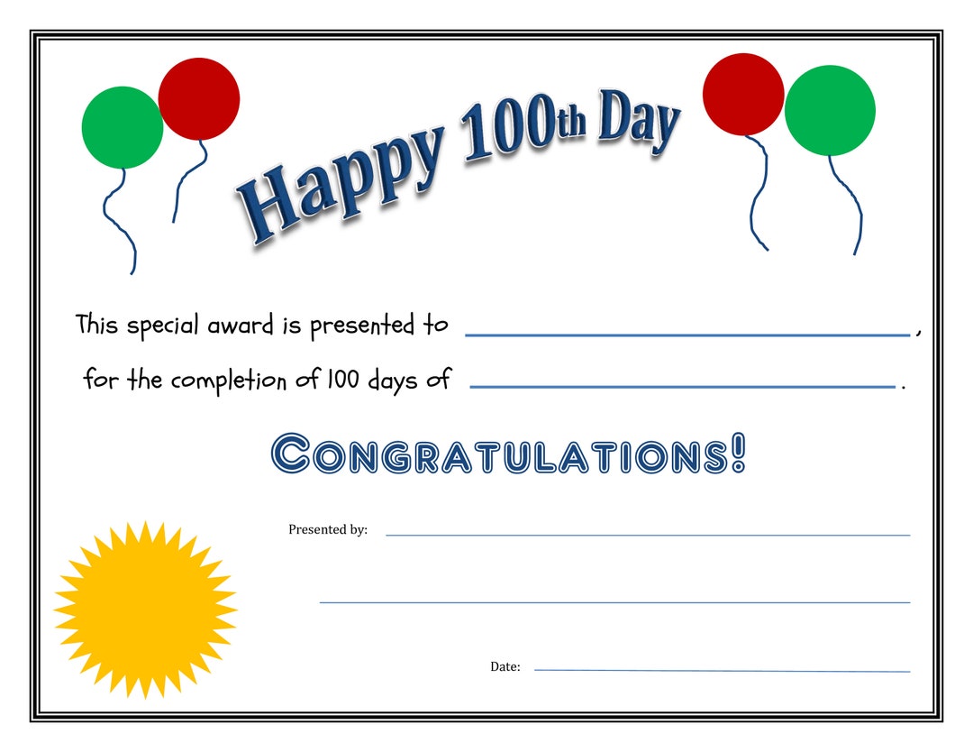 100th Day Digital Certificate - Etsy