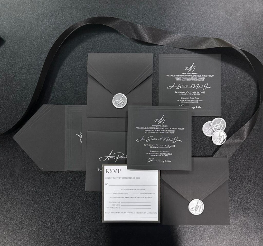 Black and Silver Invitations RSVP Card RSVP Envelopes Custom Wax Seals ...