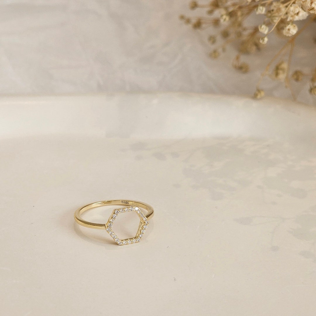 Hexagon Ring Gold, Geometric Gold Ring, Gold Stacking Rings, Minimalist ...