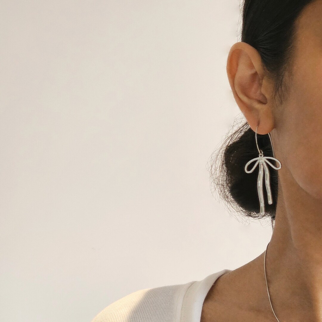 Bow Earrings, Silver Drop Bow Earrings, Coquette Earrings, Layering ...