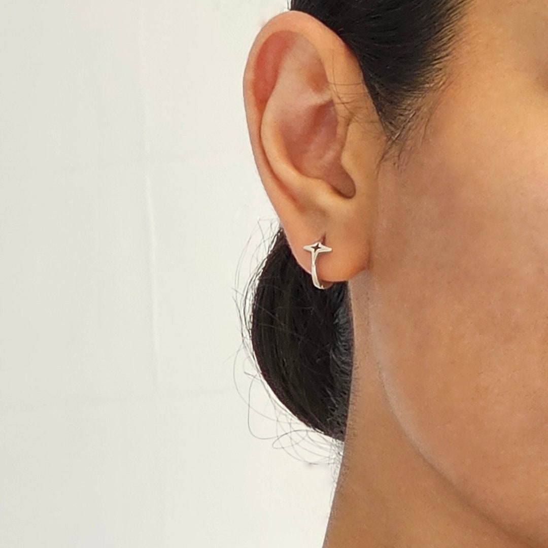 Silver North Star Huggies, Stacking Silver Hoops, Huggie Hoop Earrings ...