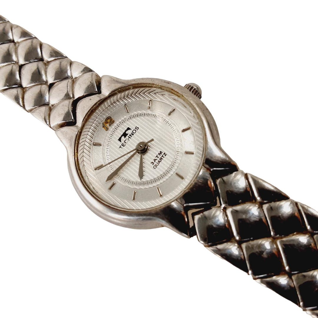 Technos Women Watch Vintage Round White Dial Metal Band - Etsy