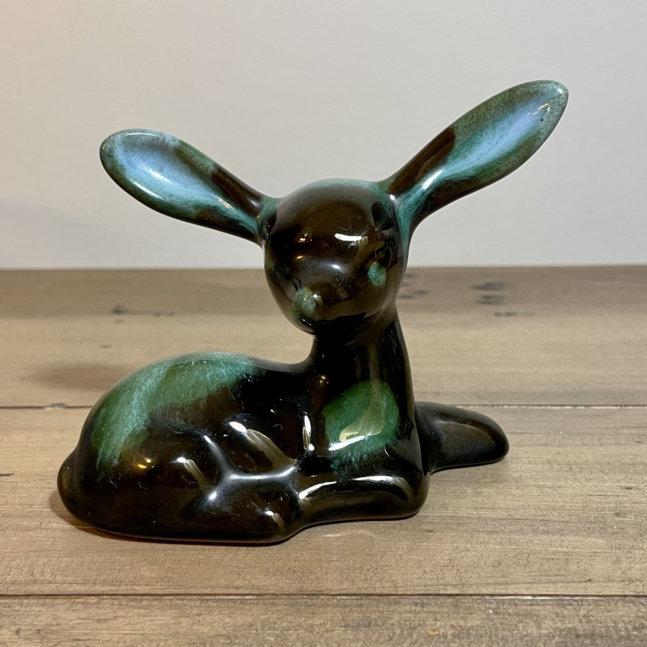 Pair Vintage Blue Mountain Pottery Deer Figurines. Green Drip Glaze ...