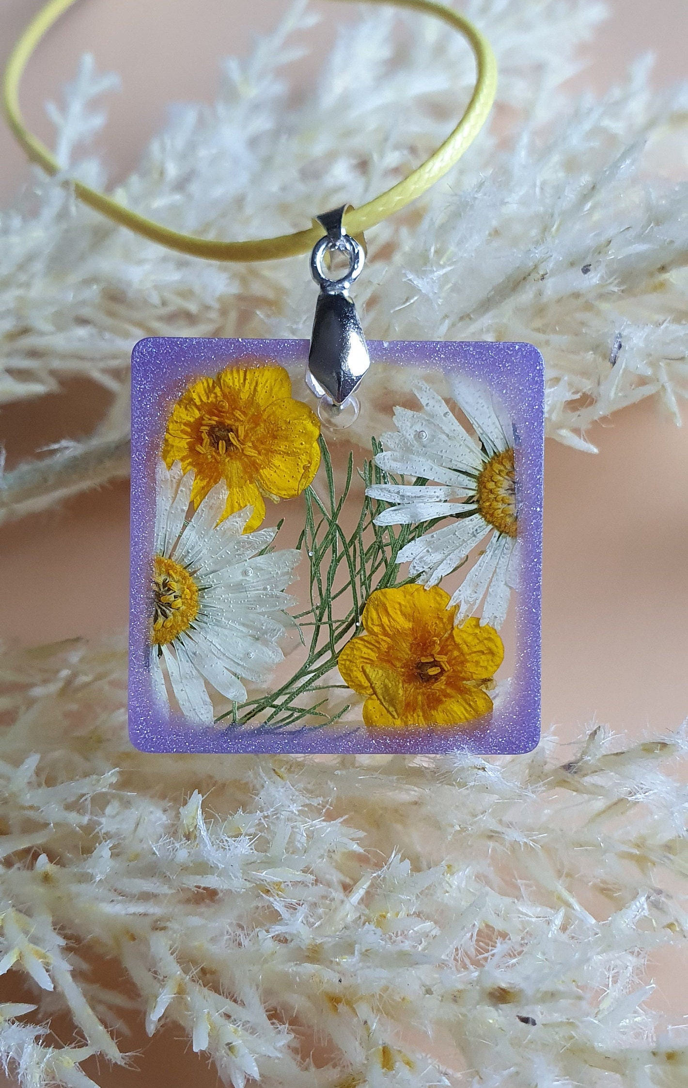 Real Daisy and Buttercup Necklace Epoxy Resin Jewelry Square - Etsy