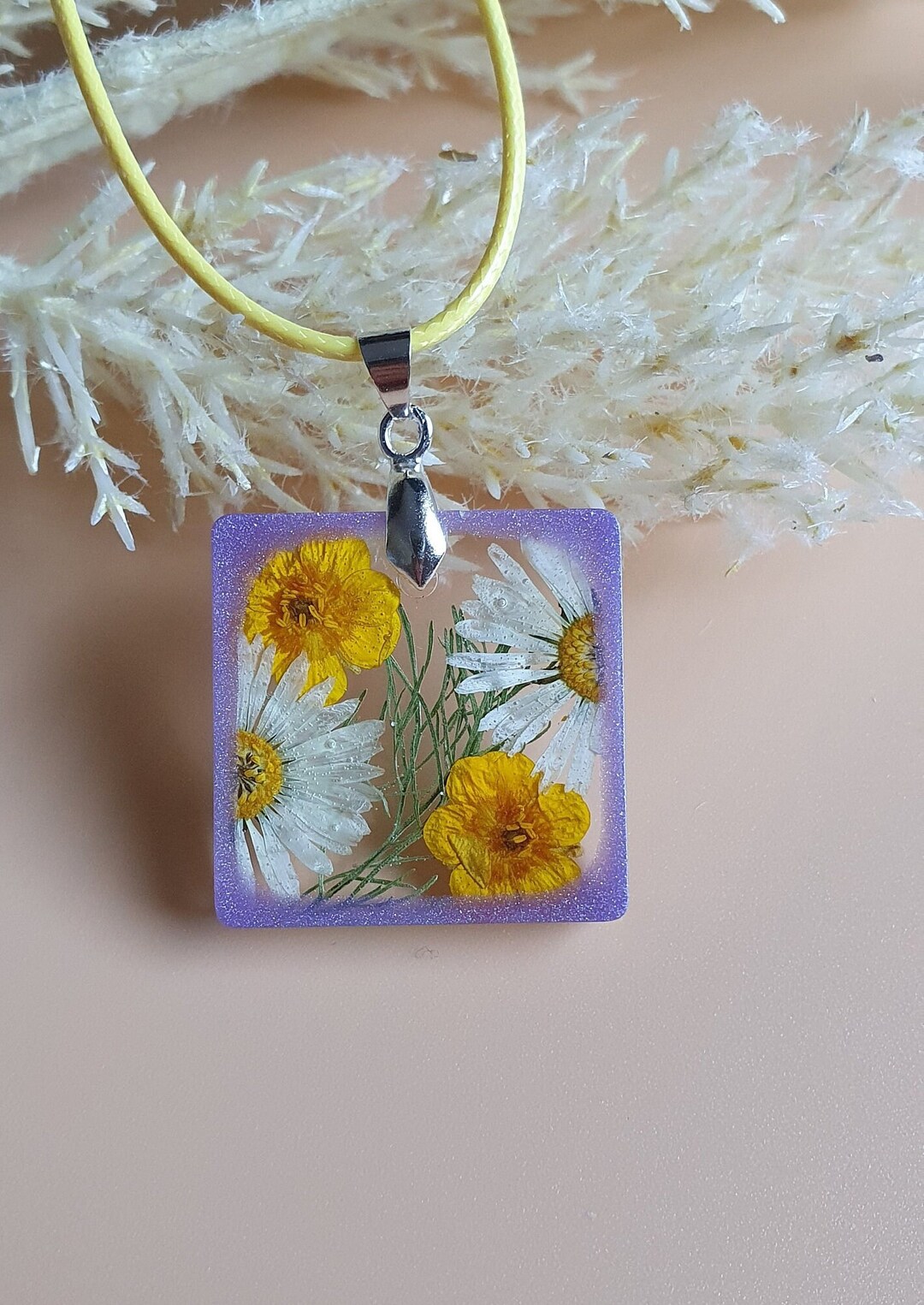 Real Daisy and Buttercup Necklace, Epoxy Resin Jewelry, Square Floral ...