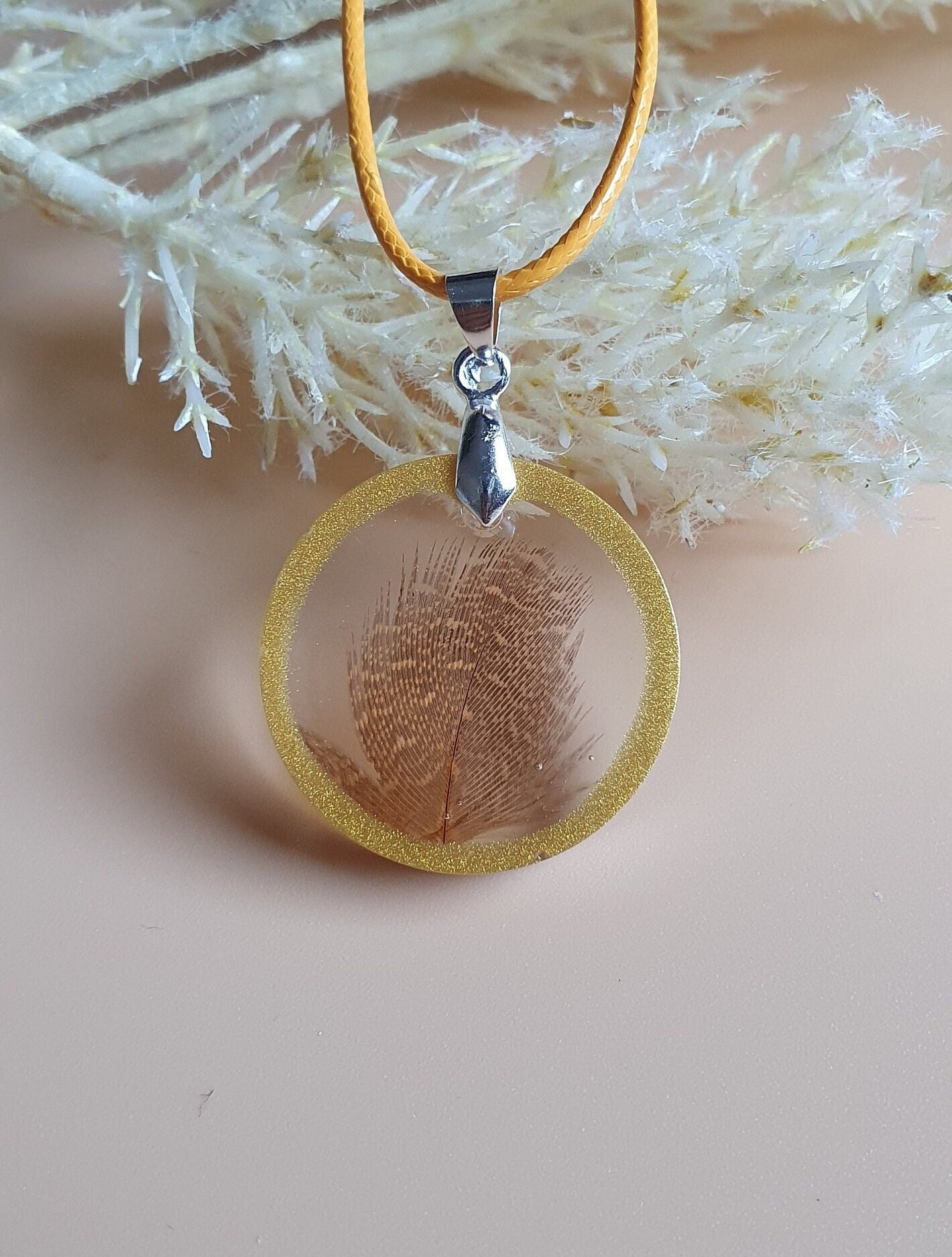 Real Bird Feather Necklace Epoxy Resin Jewelry Large Circle - Etsy