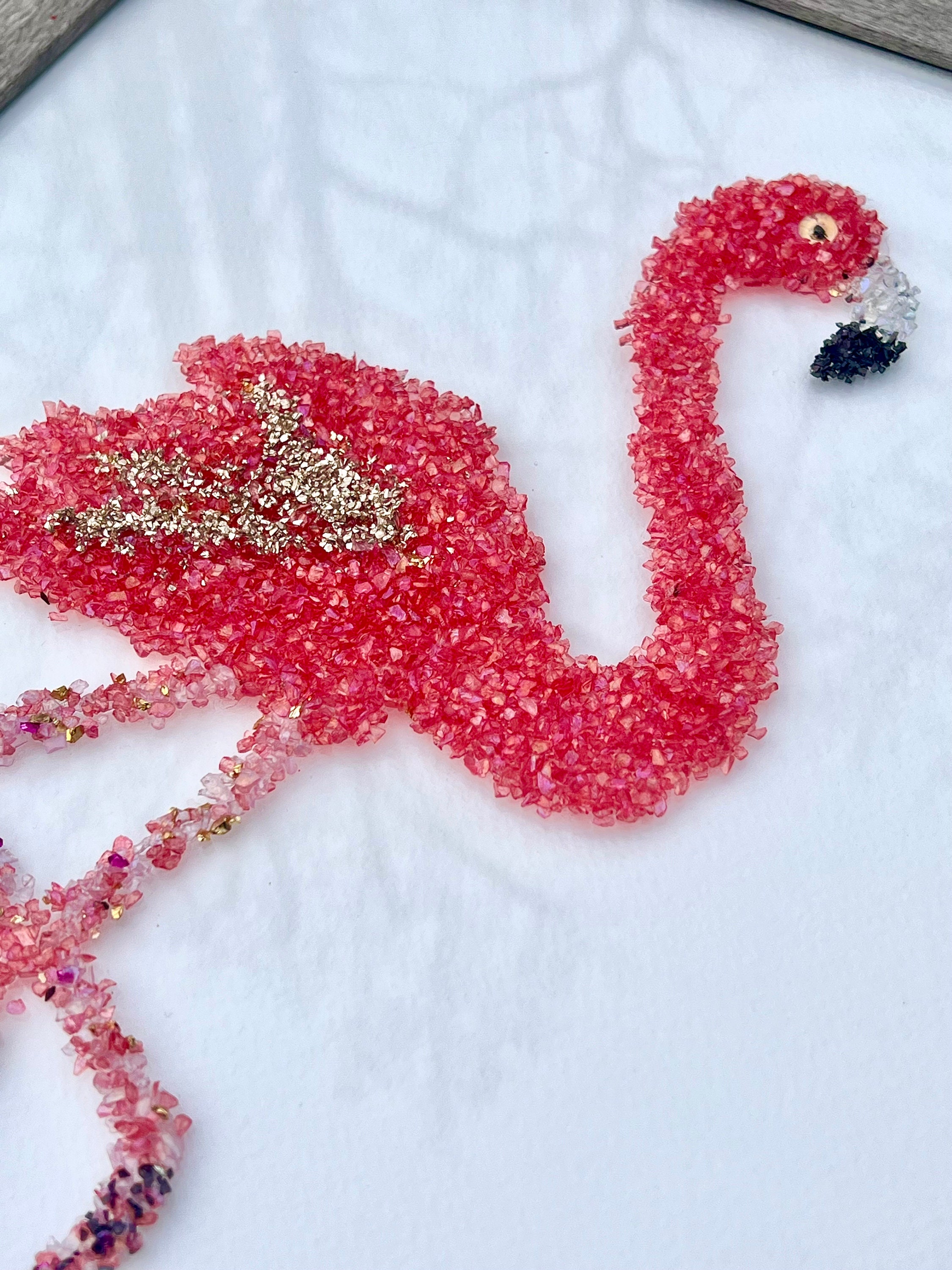 Pink Flamingo Framed Art, Glitter Glass Art, Sea Glass Art, Beach Glass ...