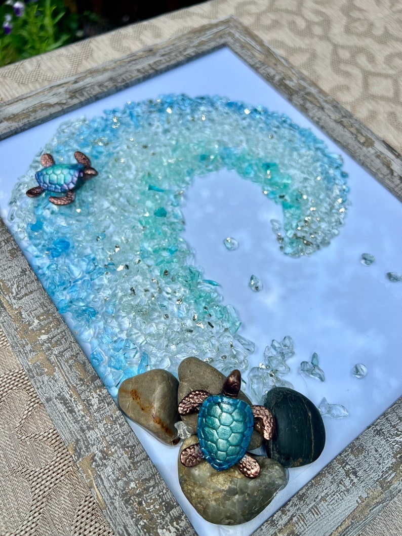 Sea Turtles and Wave Framed Art, Glitter Glass Art, Sea Glass Art, Epoxy Art, Resin Art, Glass ...