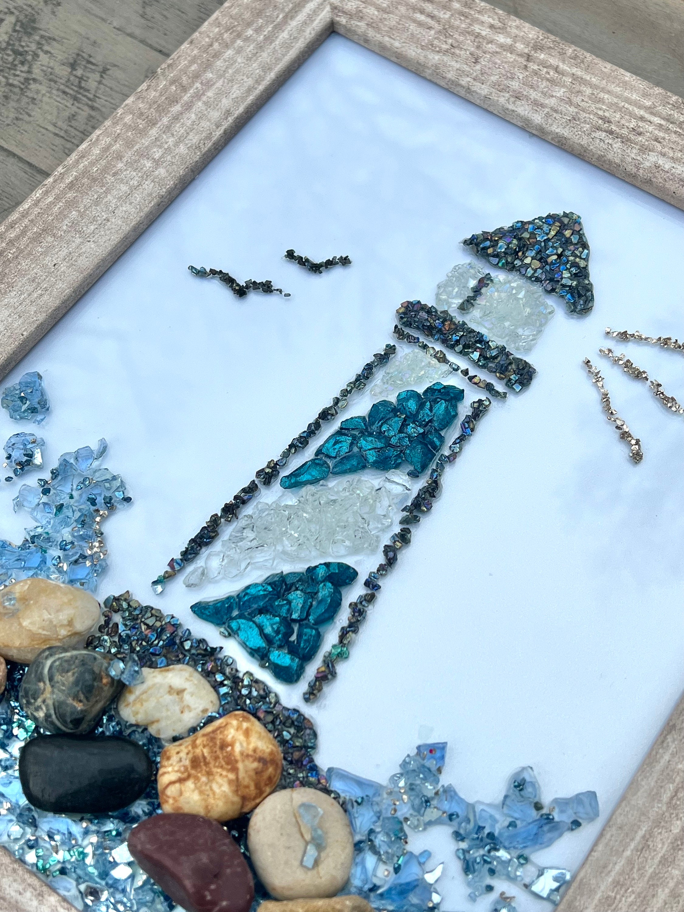 Lighthouse Framed Glass Art, Glitter Glass Art, Sea Glass Art, Beach ...