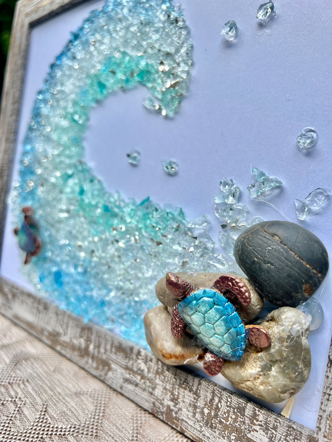 Sea Turtles and Wave Framed Art, Glitter Glass Art, Sea Glass Art ...