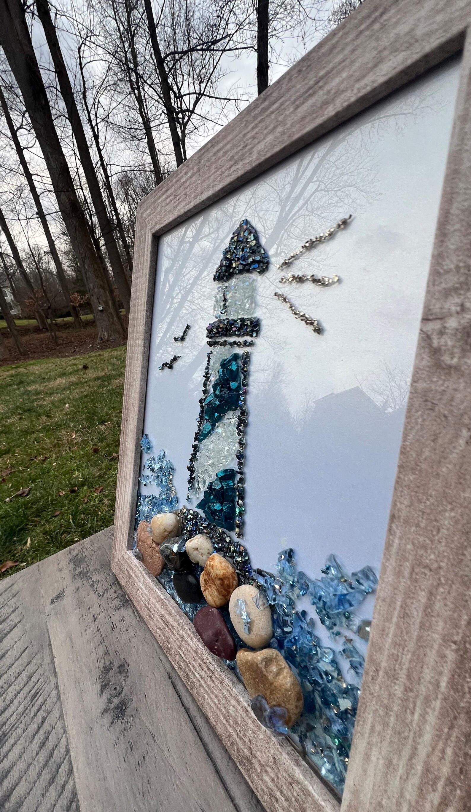Lighthouse Framed Glass Art, Glitter Glass Art, Sea Glass Art, Beach ...