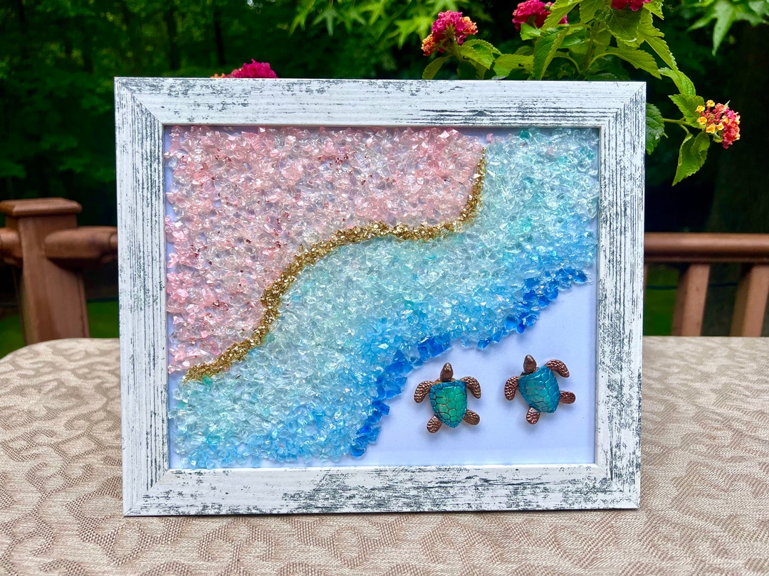 Two Sea Turtles and Beach Framed Art, Glitter Glass Art, Sea Glass Art ...