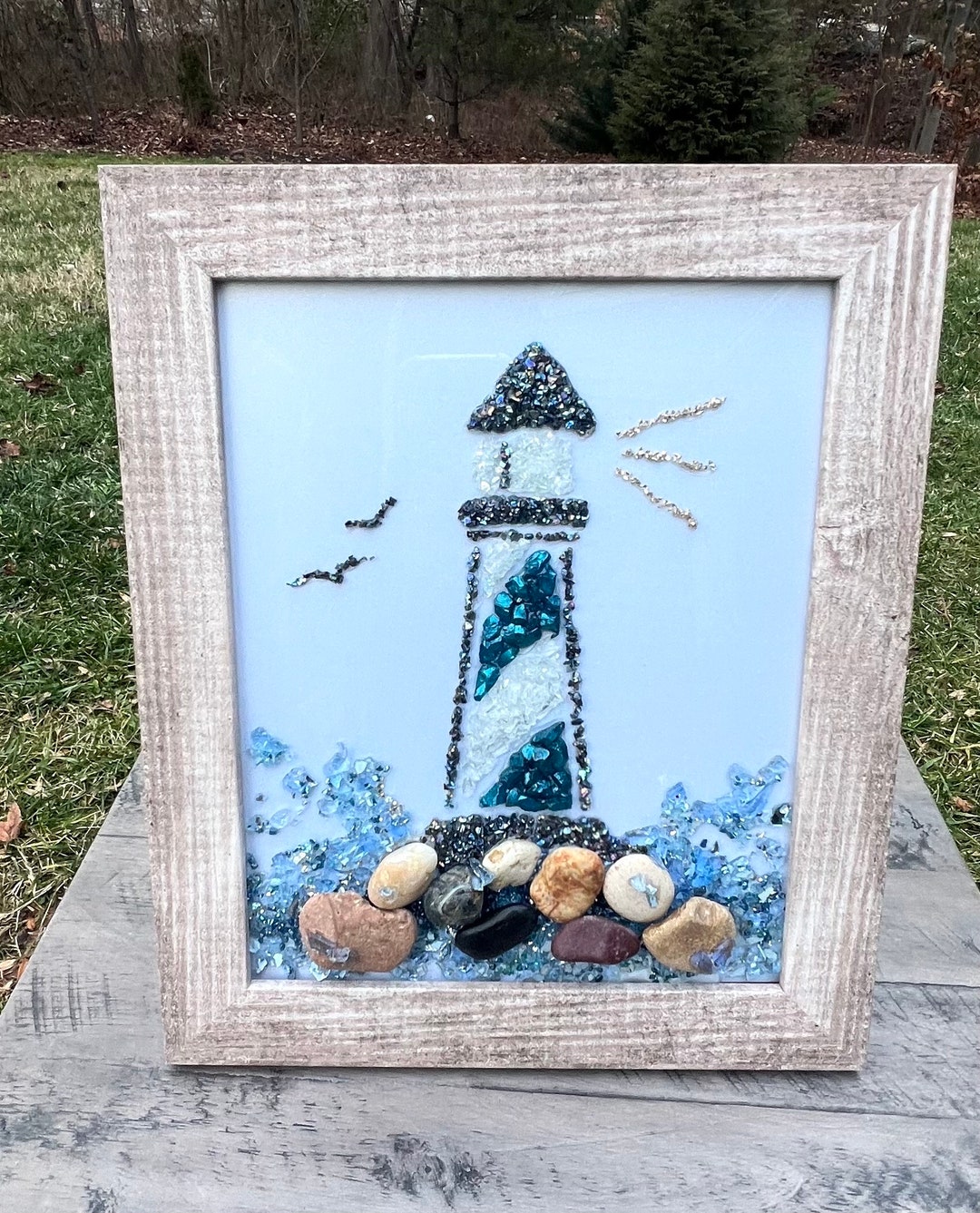 Lighthouse Framed Glass Art, Glitter Glass Art, Sea Glass Art, Beach ...
