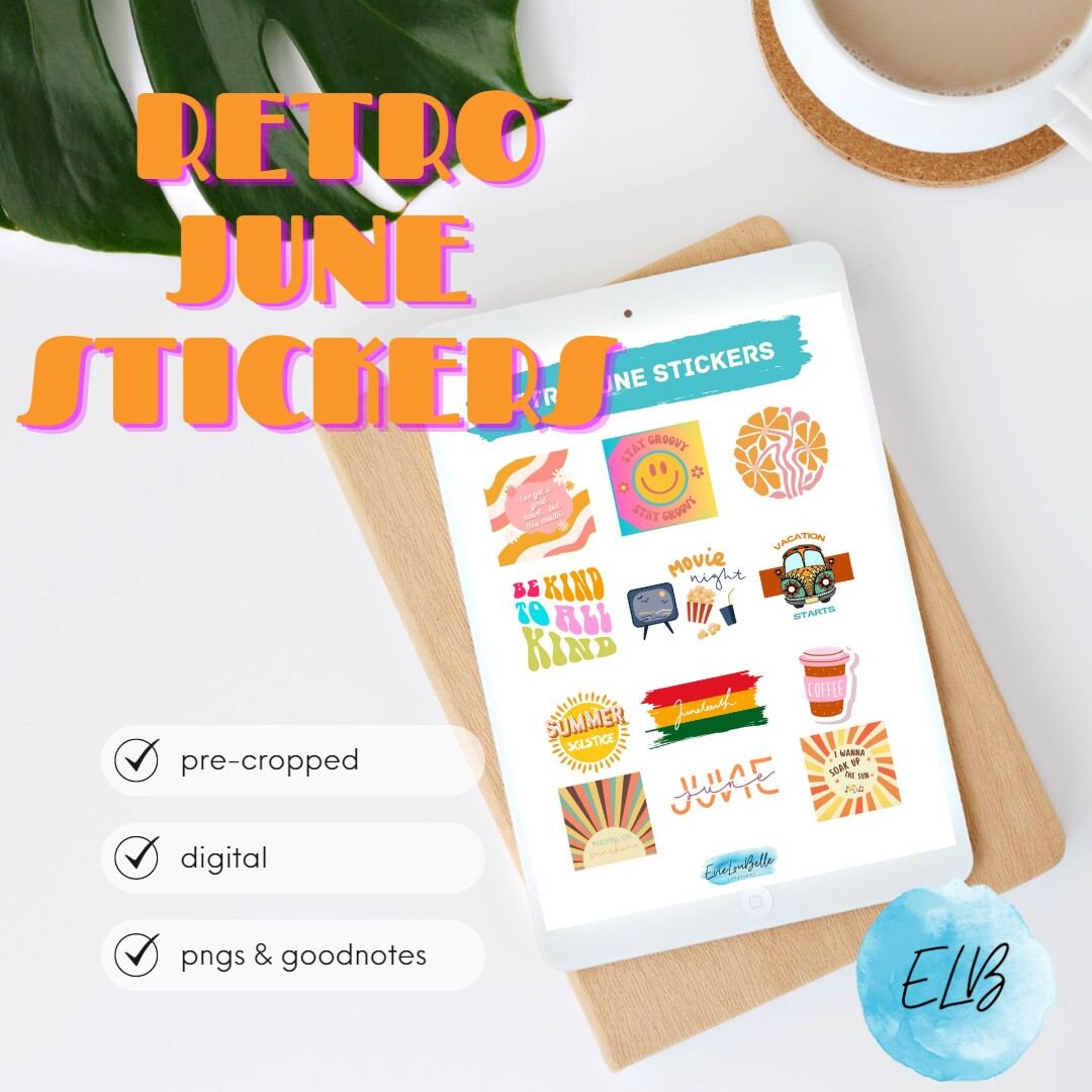 June Retro Colorful Stickers DIGITAL DOWNLOAD Summer Stickers Pre ...