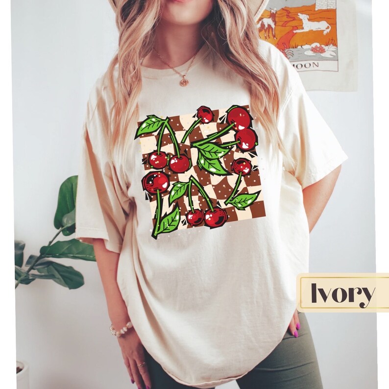 Retro Cherry Comfort Colors Shirt, Cherries Print Tshirt, Checkered ...