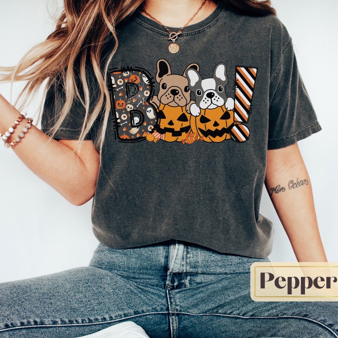Frenchie BOO Halloween Shirt, Halloween French Bulldogs in Pumpkins Tee ...