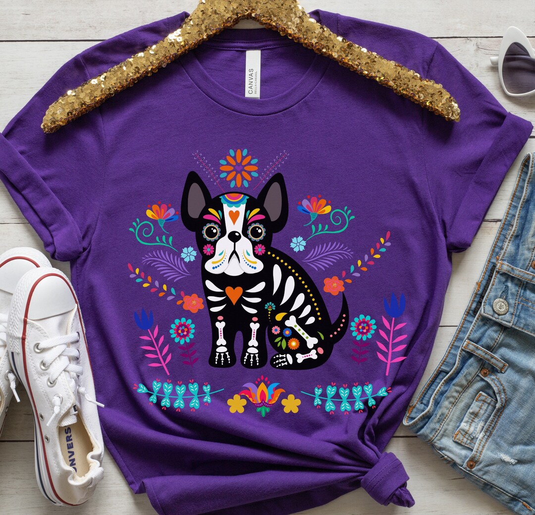 Frenchie Floral Skeleton Shirt, Boho French Bulldog Folk Art Tshirt ...