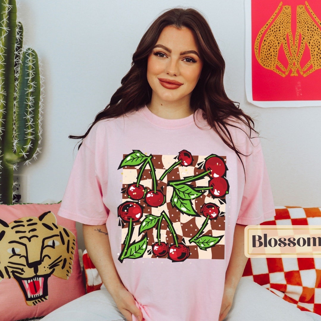 Retro Cherry Comfort Colors Shirt, Cherries Print Tshirt, Checkered ...