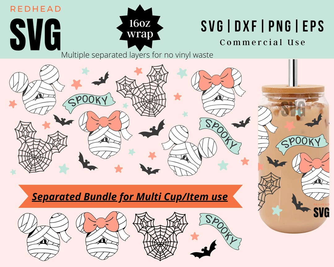 Halloween Mummy, Mouse Ears, 16oz Can Glass Cup Wrap, Svg Bundle, Mouse ...