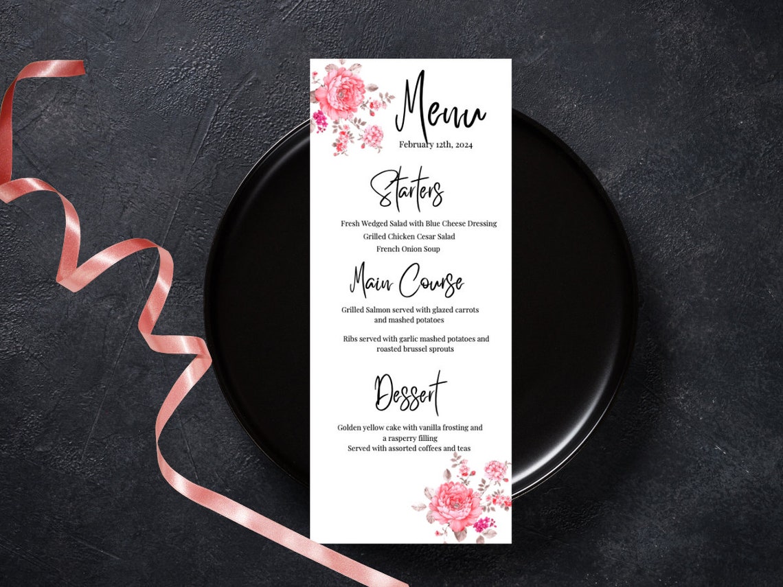 Pink Peony Wedding Menu Card,printable Menu Card Template, Wedding Menu ...
