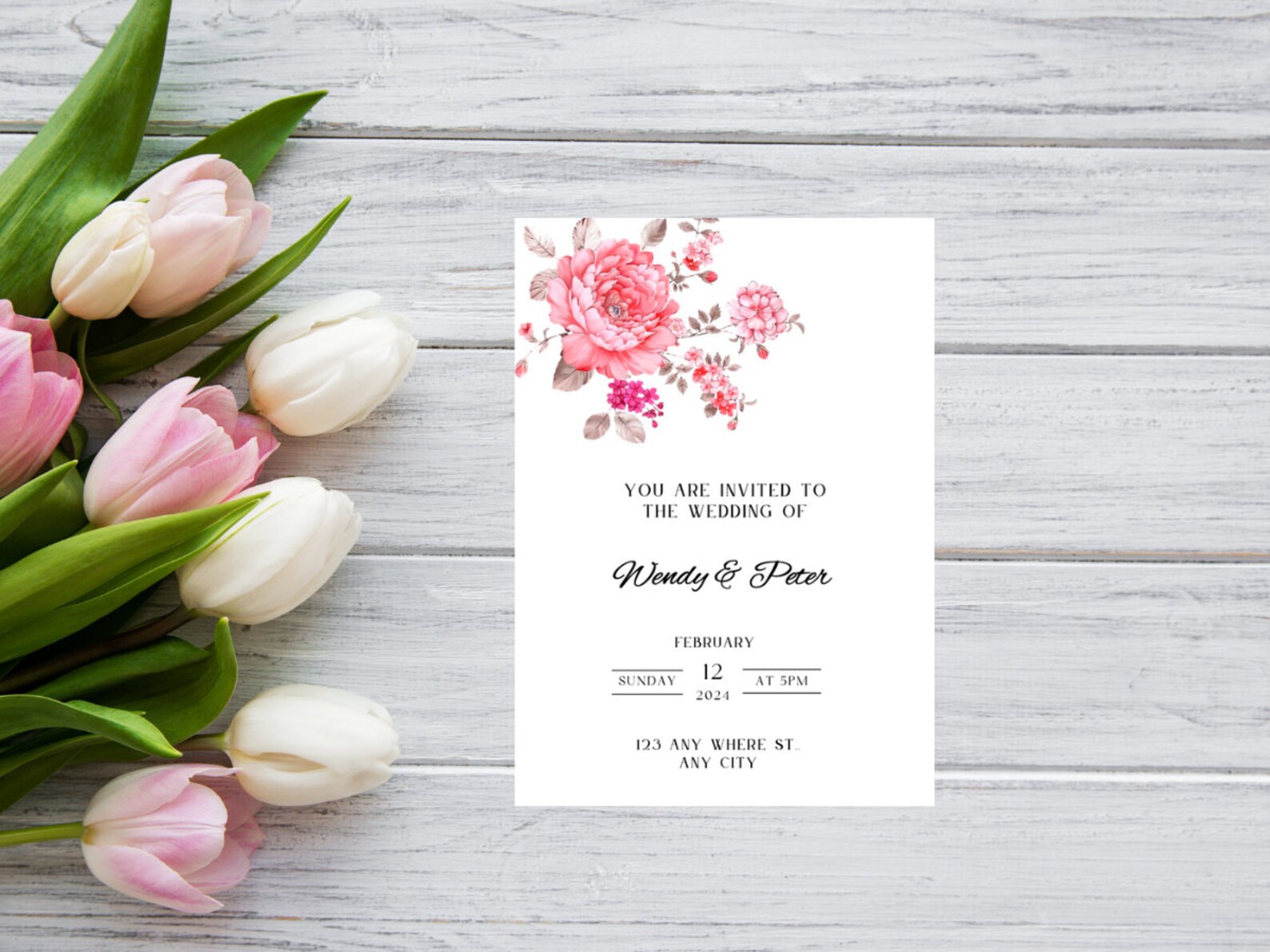 Pink Peony Wedding Invitation Template, Pink Floral Wedding Invitation ...