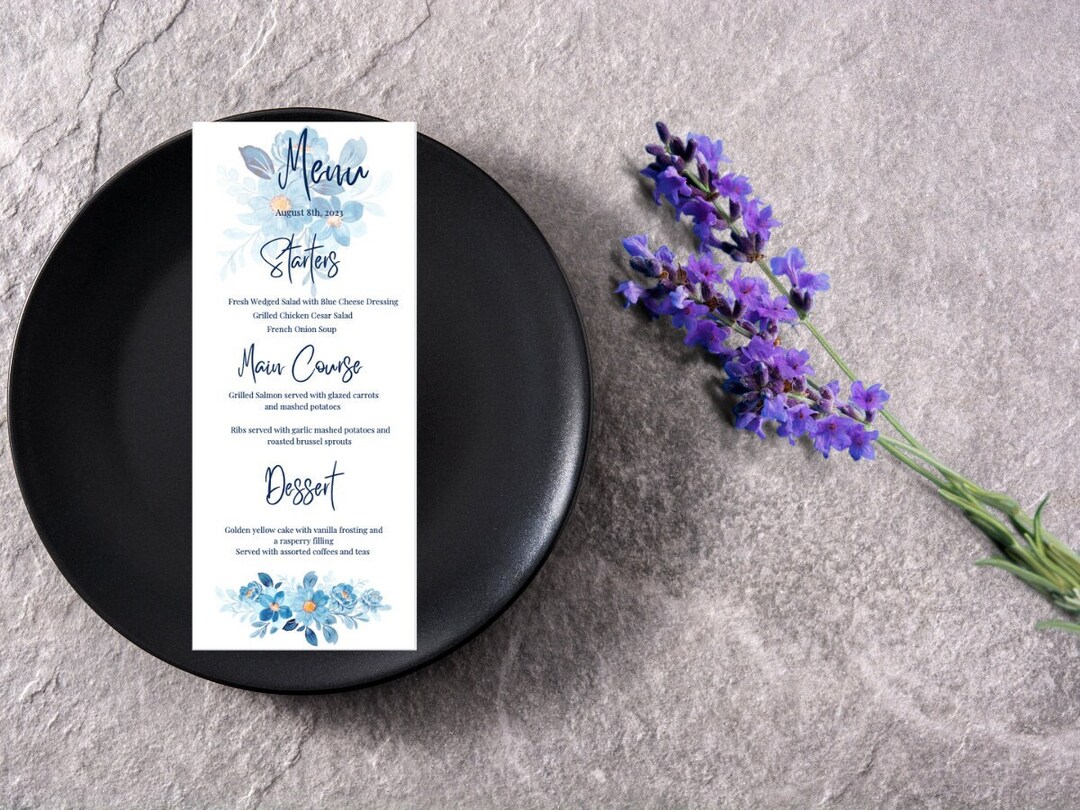 Blue Flower Wedding Menu Card Template, Printable Menu Template, Menu ...
