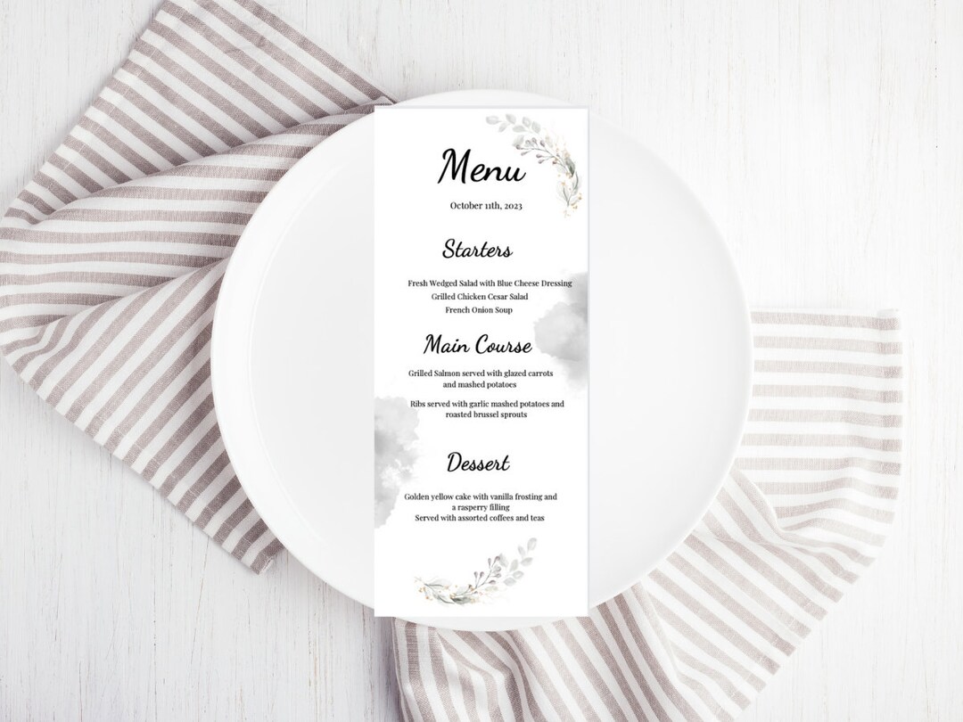 Gray Wedding Menu Card,printable Menu Card Template, Watercolor Wedding ...