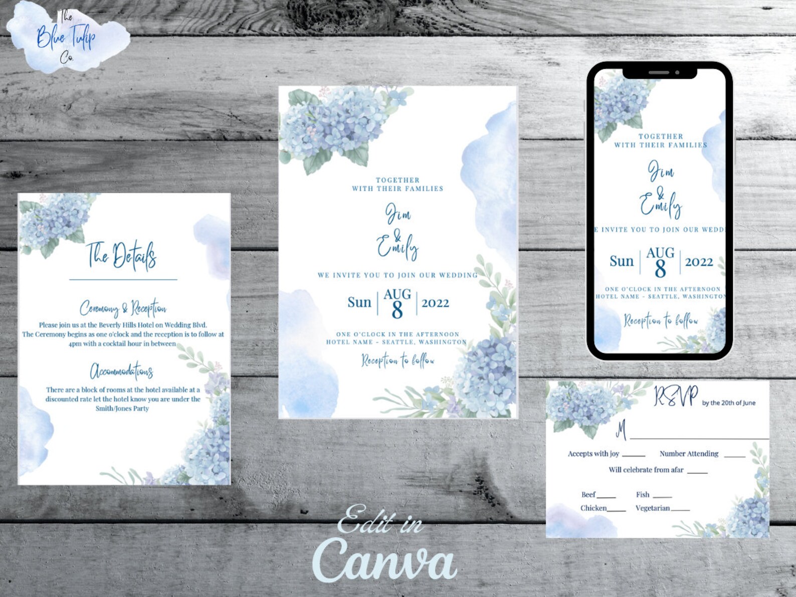 Blue Hydrangeas Invitation Template Bundle, DIY Wedding, Invitation ...
