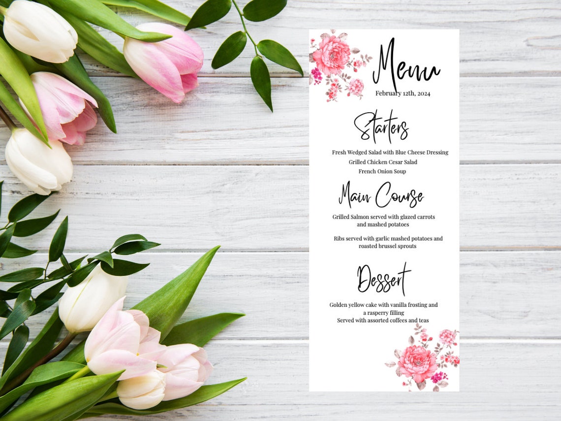 Pink Peony Wedding Menu Card,printable Menu Card Template, Wedding Menu ...