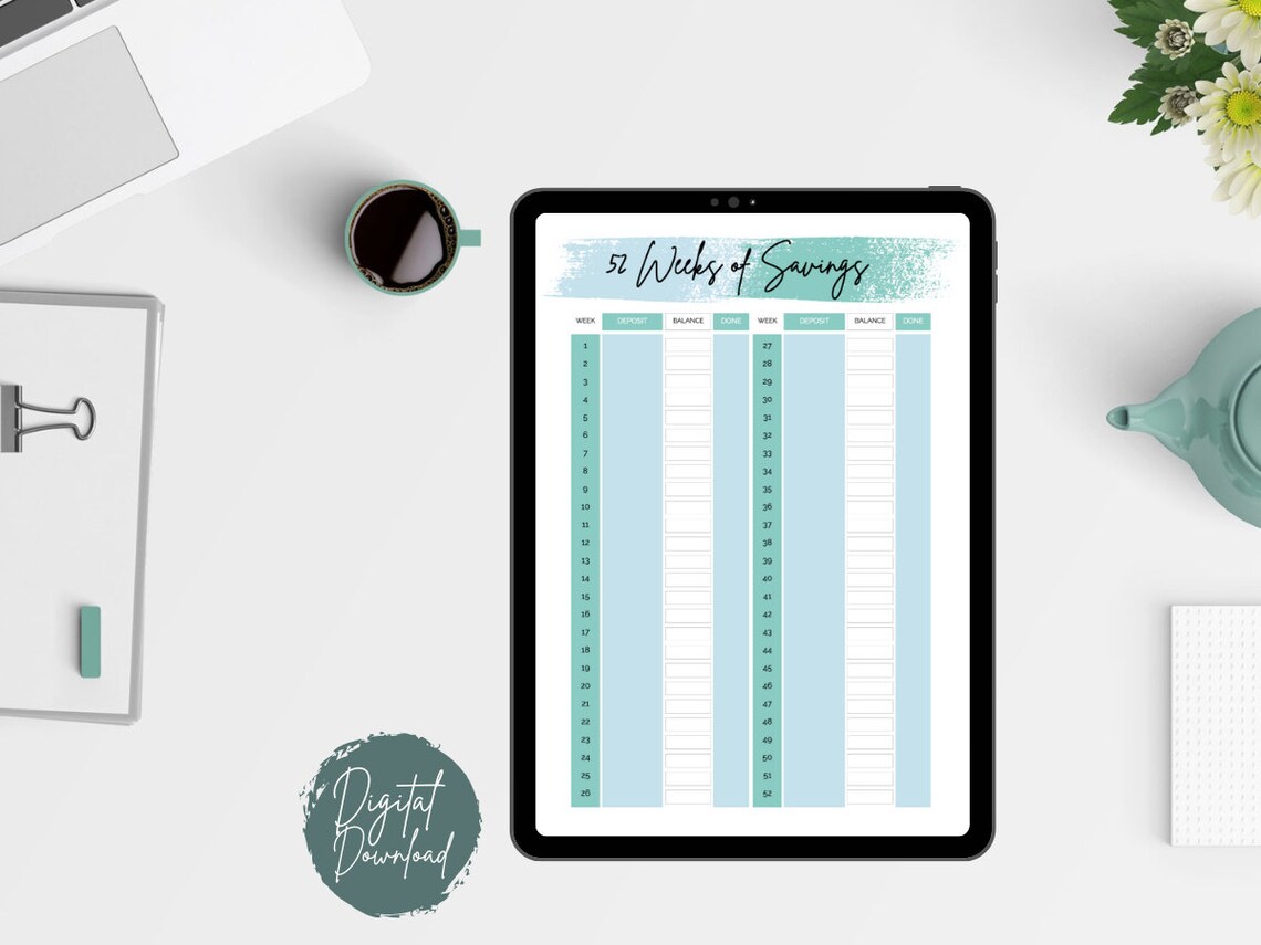 52 Week Savings Tracker Printable, Blue Tracker, Printable Saving ...