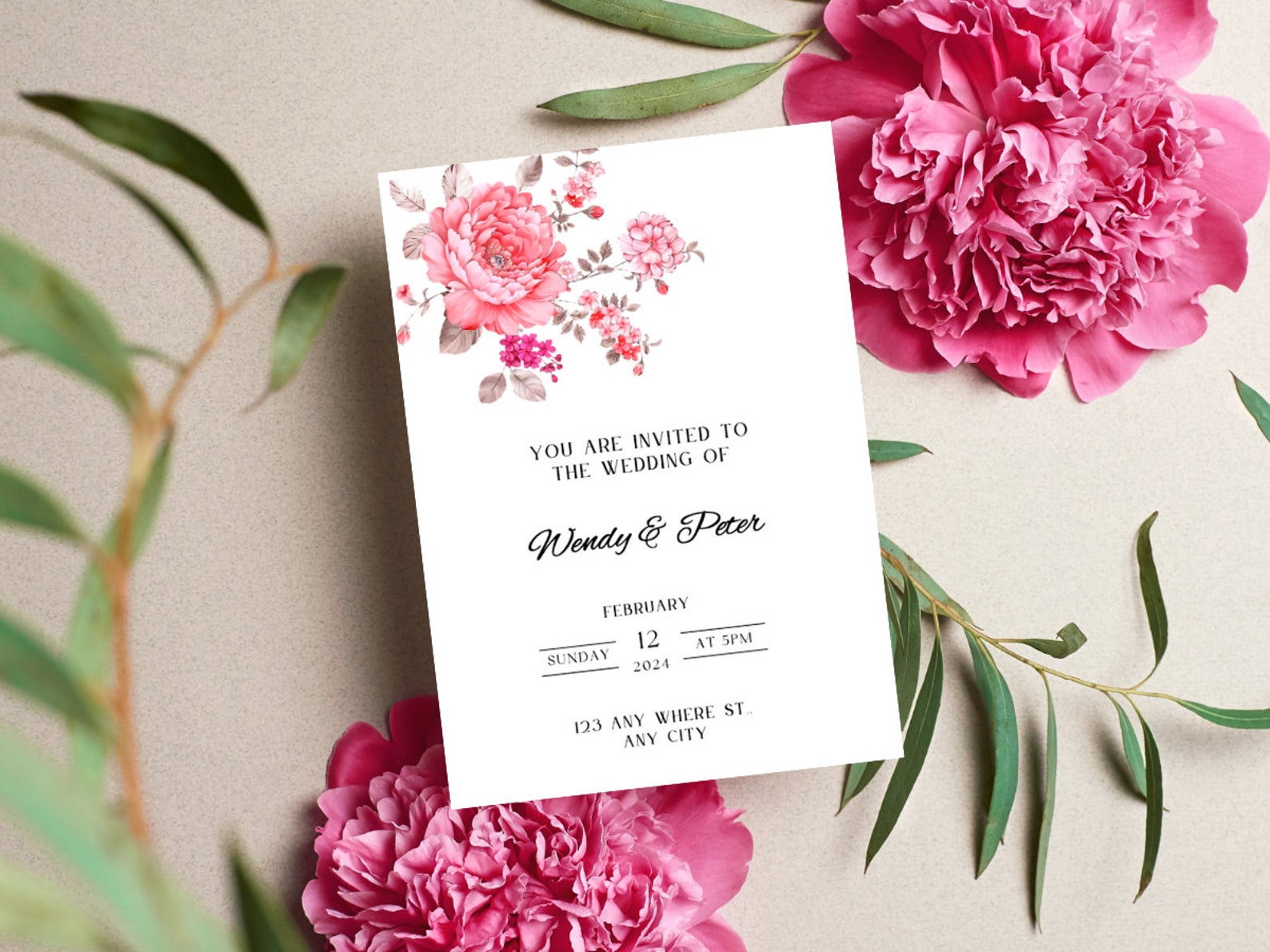 Pink Peony Wedding Invitation Template, Pink Floral Wedding Invitation ...