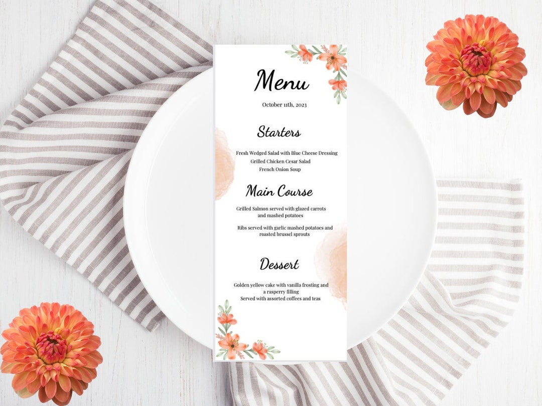 Orange Floral Wedding Menu Card,printable Menu Card Template, Wedding ...
