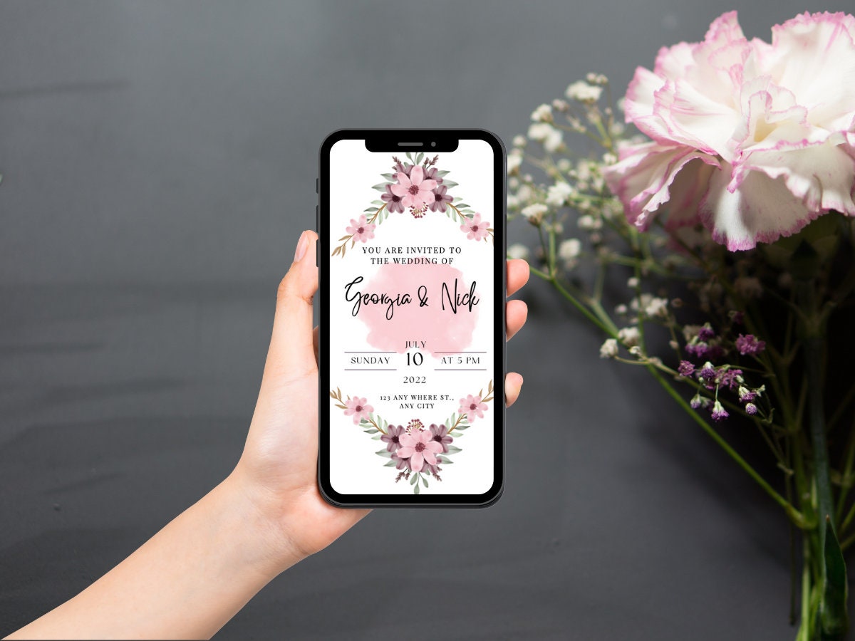 Pink Floral Digital Wedding Invitation, Editable Watercolor Wedding ...