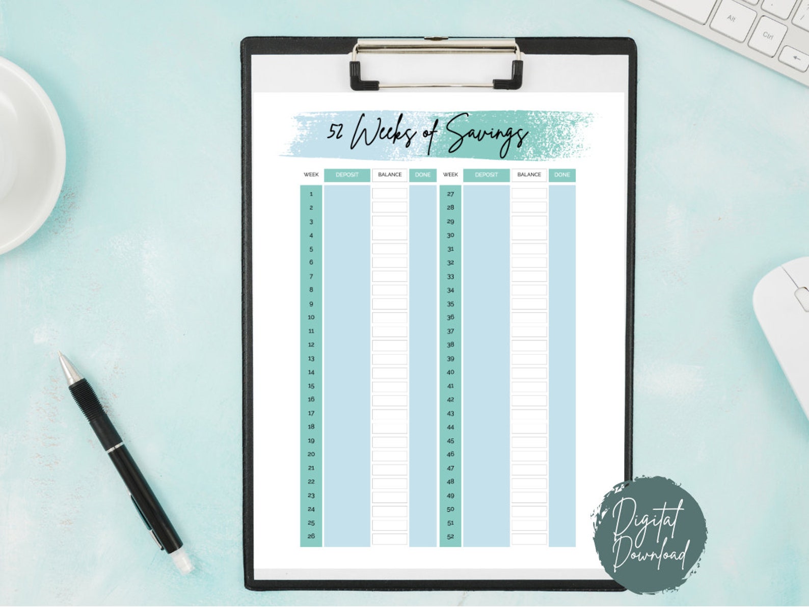 52 Week Savings Tracker Printable, Blue Tracker, Printable Saving ...
