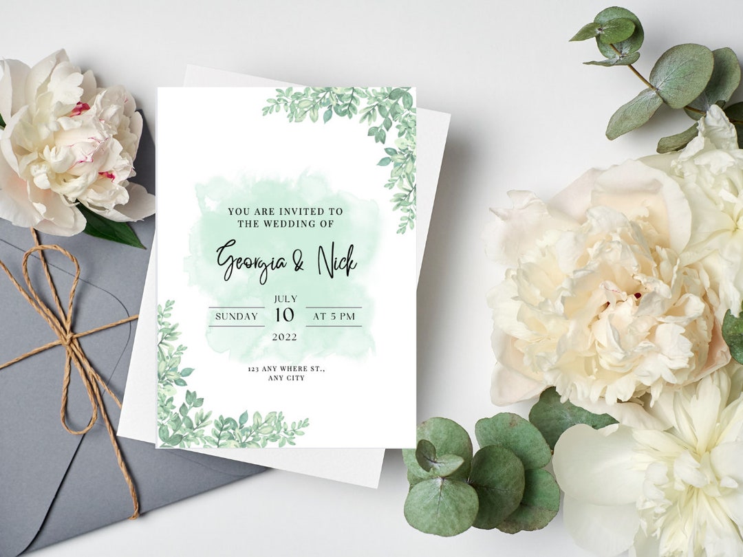 Green Floral Wedding Invitation Template, Wedding Template,printable ...