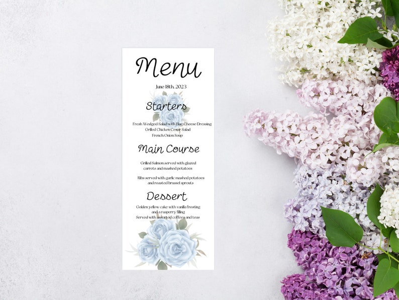 Blue Rose Wedding Menu, Wedding Menu Card Template, Canva Templates ...